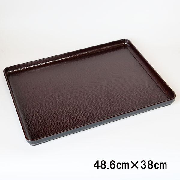 【商品名】長角盆　木目調　溜　奥広タイプ【素材】ABS樹脂・ウレタン塗装【サイズ】48.6cm×38cm×高さ2.6cm高級感のある、木目調の長角トレーになります。奥行きがあるタイプで使いやすくなっています。すべり止め加工がされており、持ち...