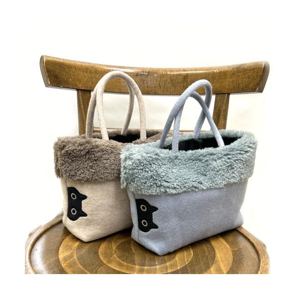 サイズ】タテ約17×ヨコ約27cm×底マチ約7cm(持ち手含まず)【素　材】ポリエステル、レーヨン　　　　　ボア部分：ポリエステル100%　　　　　裏　地　：ポリエステル100%　　　　　取手芯　：レーヨン100%　日本製