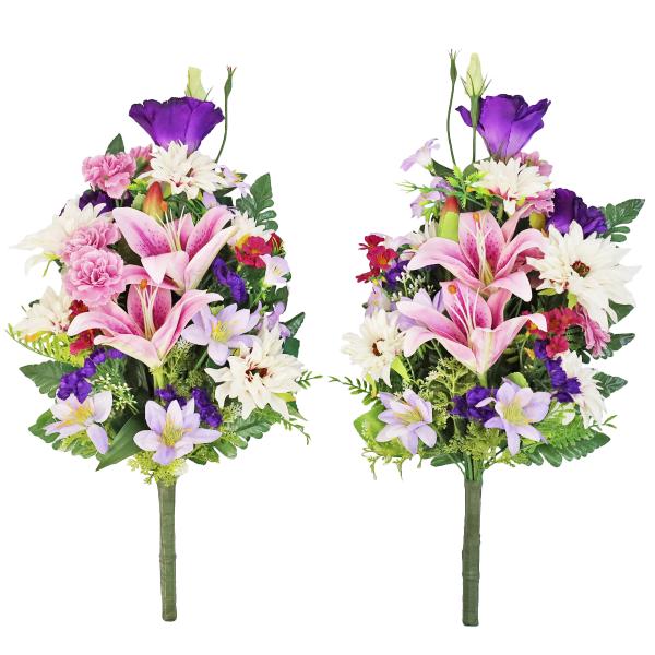 紫を基調とした色合いが美しく、シックで高級感のある仏花の花束です。 サイズ：約全長52cm（水上38cm）（水下14cm）×幅25cm×奥行15cm＊花器は別売りとなります。＊商品の仕様は変更になる場合がございます＊受注制作のため数日お時間...