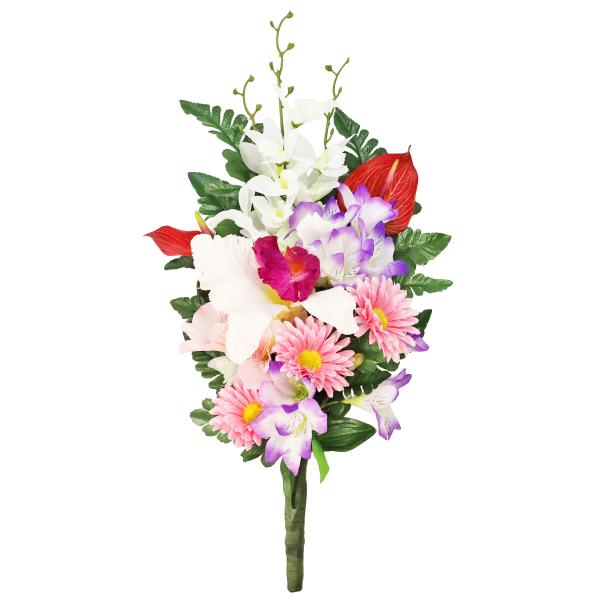 落ち着いた赤のアンスリウムが美しく、シックで華やかな印象の仏花の花束です。約全長49cm（水上38cm）×幅20cm×奥行13cm＊花器は別売りとなります。＊商品の仕様は変更になる場合がございます＊受注制作のため数日お時間をいただく場合がご...