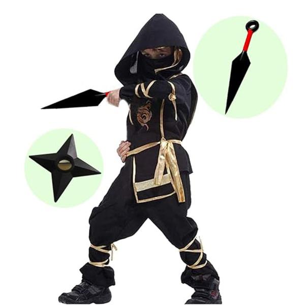 コスプレ、ハロウィンパーティーなどで大活躍！ 子供用の忍者コスプレです♪【商品仕様】＜セット内容＞・前身一体型頭巾・上衣長袖・ズボン・マスク・腰ひも1本・腕紐2本・脚紐2本・手裏剣1個（ コンプリートのみ）・クナイ大1本（ コンプリートのみ...