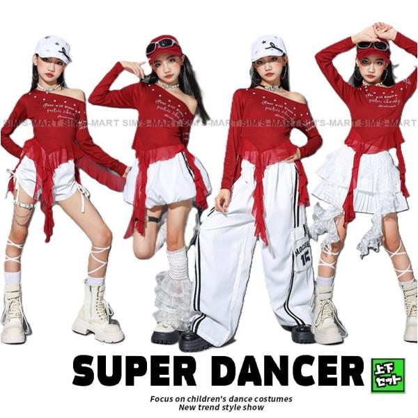 ・アシンメトリー肩出しトップス＋ラインボトムスの上下セット！・赤白コーデの派手かわいいダンス衣装★・ダンスの発表会やダンスコンテストなどのチーム衣装におすすめ!!＜素材＞【 綿・ポリエステル 】※ストレッチなし※裏地なし※ウエストゴム●納期...