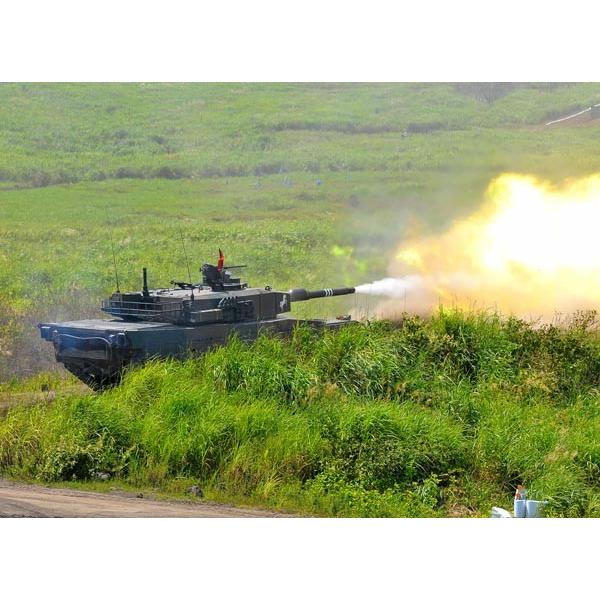 陸上自衛隊の、総合火力演習での一コマです、戦車が砲撃を始め、閃光が見えます、近くで見ると迫力が有ります、その迫力を写真で楽しんでください。　　　　　　　　　　　　　　　　　　　　　　　　　額に入れても、パネルにしても、何処に飾っても映えます...