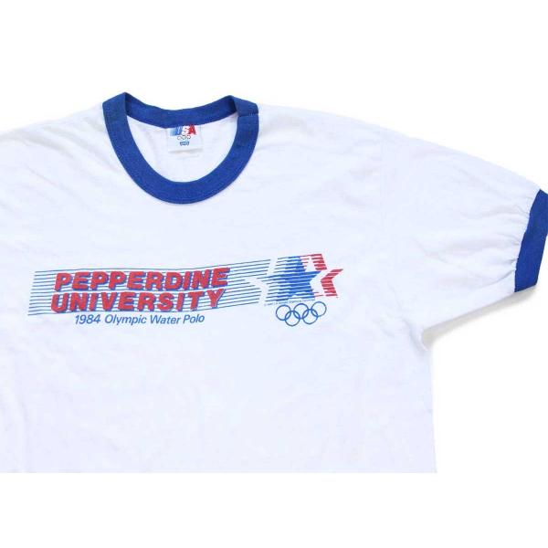 80s【Levi's】のリンガーTシャツです。1980 L.A.Olympic Organizing Committeeのコピーライトあり裾はシングルステッチカラー：白×青素材：?% POLYESTER　?% COTTONサイズ表記：MED...