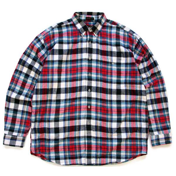 〜90s【EddieBauer】Bainbridge Flannel ライトネルシャツです。黒タグ、ダブルステッチ襟、縫製はダブルステッチ、胸ポケットは柄合わせされています。カラー：黒×白×赤×青緑系×青×薄茶素材：100% COTTONサ...