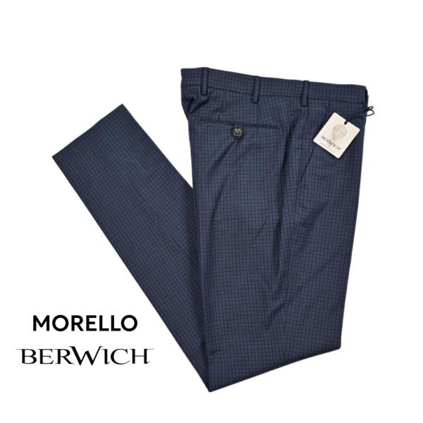 ブランド：BERWICH / ベルウィッチベルウィッチ BERWICH MORELLO モレロ スラックス ノータック パンツ 春夏 メンズ ヴァージンウール 100% ナチュラルストレッチ チェック ネイビー イタリア ブランド MADE...