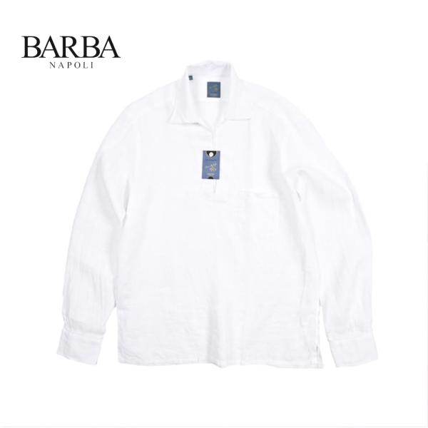 ブランド：BARBA / バルババルバ BARBA DANDYLIFE 麻シャツ カジュアルシャツ スキッパーカラー プルオーバー 春夏 長袖 メンズ リネン 100% 織柄 ホワイト イタリア ブランド MADE IN ITALY サイズ...
