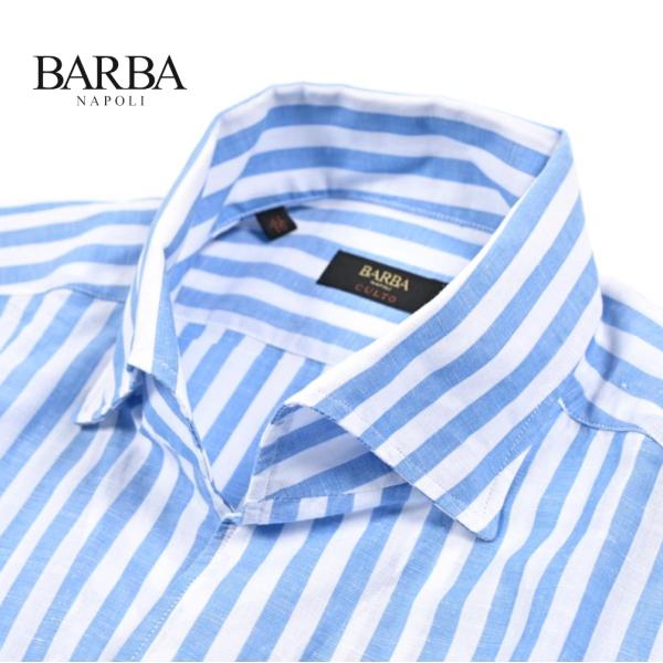 ブランド：BARBA / バルババルバ BARBA CULTO クルト カジュアルシャツ ワイシャツ スキッパーカラー ヒドゥンボタンダウン 長袖 春夏 秋 3シーズン メンズ リネン コットン ストライプ ブルー イタリア ブランド MA...