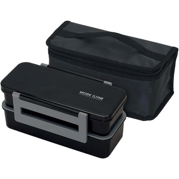 デカ２段ランチボックス●モードライン　ブラック●//お弁当箱 メンズランチ 男性用 男の子 食べ盛り 大きい 大容量 メンズ弁当箱 箸付き 通勤 通学 塾弁 部活 成長期 スポーツ 青春 保冷ランチバッグ付き//