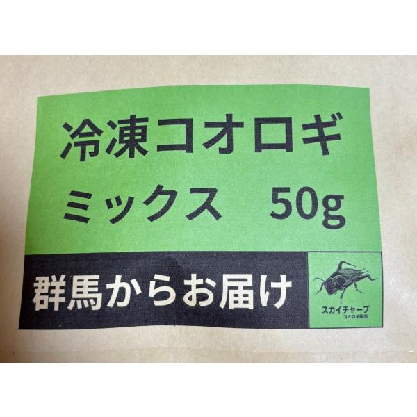 【商品内容】冷凍コオロギ・ミックス 50g※手足除去済み【特徴】ペットショップや爬虫類ブリーダーに卸売している冷凍コオロギです。とうもろこしや小麦粉などの穀物に魚粉などの動物性飼料、乾燥野菜を配合した餌を与えて育成しています。また、急速冷凍...