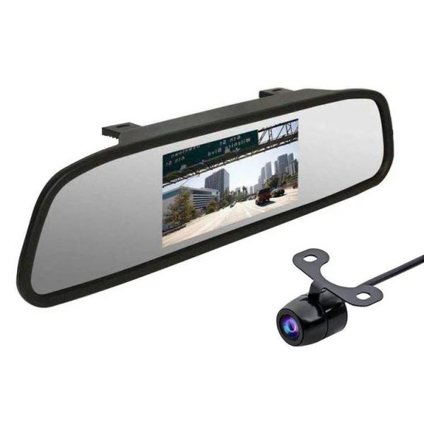 ●4.3インチルームミラーモニターと小型防水カメラの2点セットです！●モニター は2系統映像入力が可能です　またバック時のカメラ自動切換え機能付きです●バックカメラはガイドライン付きとなります。★モニター仕様：表示液晶: 4.3インチTFT...