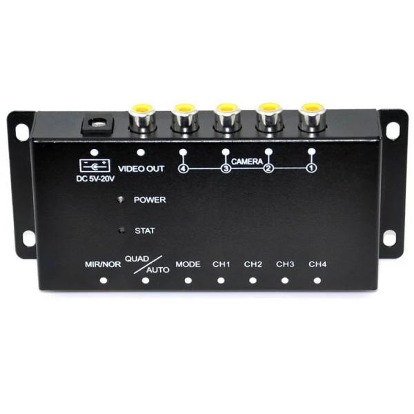 特徴：モニター一つで4つの映像をチェックすることができる映像4分割スプリット器ですフロントカメラ、バックカメラ、サイドカメラなど、最大4台のカメラを1画面に表示し集中管理できます。4分割、3分割、2分割、1画面など様々な表示パターンがありま...