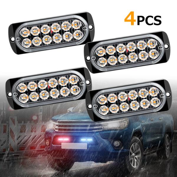 商品特徴：高耀度12連LEDのストロボライト4個セット。夜間や悪天候の際に視認性を大きく向上させます。12〜24Vまで利用できるので、トラック、バス、重機などの大型車でも利用できます。発光パターンは18種類あり、好きなパターンに固定できます...