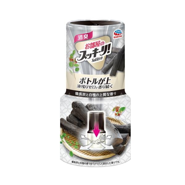 お部屋や玄関の気になるニオイを最後の一滴まで強力消臭！しっかり香る！「ボトルが上」液残りゼロで香りが続くお部屋用置き型消臭芳香剤、備長炭と白檀の上質な香りです。※パッケージデザイン等は予告なしに変更されることがあります。