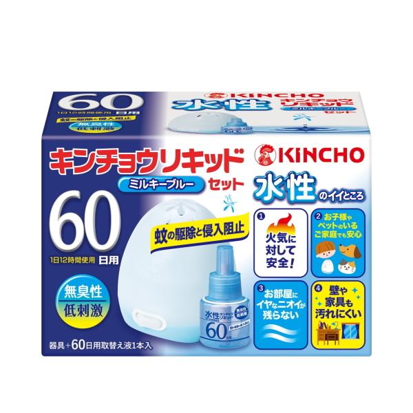 液体電子蚊取り器具と、６０日用取替え液とのセット。水性処方で、安定した殺虫効果と火気に対する安全性を兼備。お子様やペットのいるご家庭でも安心して使えます。無臭性。※パッケージデザイン等は予告なしに変更されることがあります。
