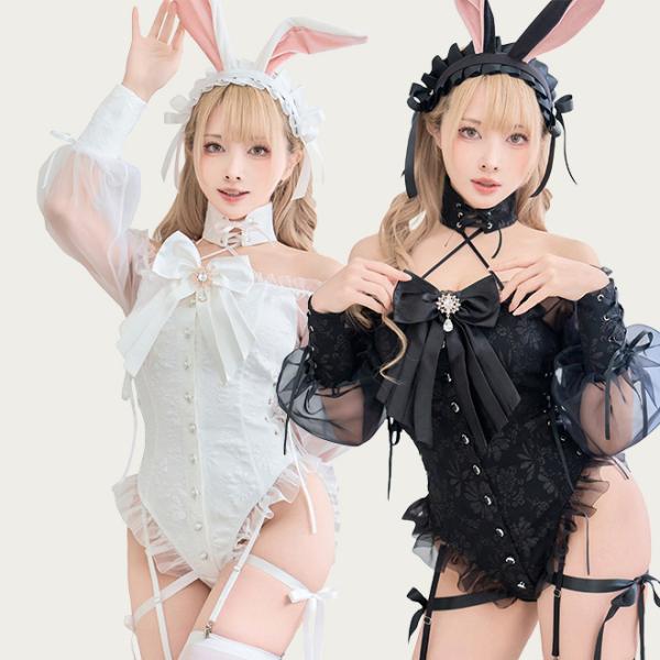 【モデル身長】フリーサイズ着用：161cm【サイズ】フリーサイズ：着丈60cm、バスト76cm、ウエスト62cm、袖丈60cm【セット内容】カチューシャ・ハイレグ・つけ襟・フロントリボン・ソックス・しっぽ【素材】ポリエステル95％、スパンデ...