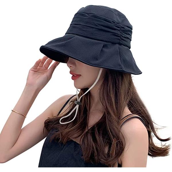 即納 紫外線対策 UVカット バケハ UPF50+ あご紐付き 折りたたみ 日よけ防止 日焼け防止 ブラック つば広 軽量 レディース