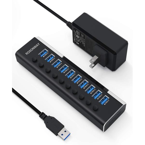 即納 USBハブ Win/Mac対応 USB3.0 10ポート 独立スイッチ付 ACアダプタ付き 高速データ転送 ブラック USB ハブ USBポート マルチポート ポイント消化