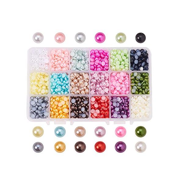 6mm/6mm/SACR-PH0004-01・Color:6mm・★サイズ：約6mm直径、3mm厚さ ★パッケージ内容：約2880pcs/箱（18色あり）・★高品質な素材：ハーフビーズは、表面が滑らかで光沢のあるプラスチック製で、軽量で色あ...