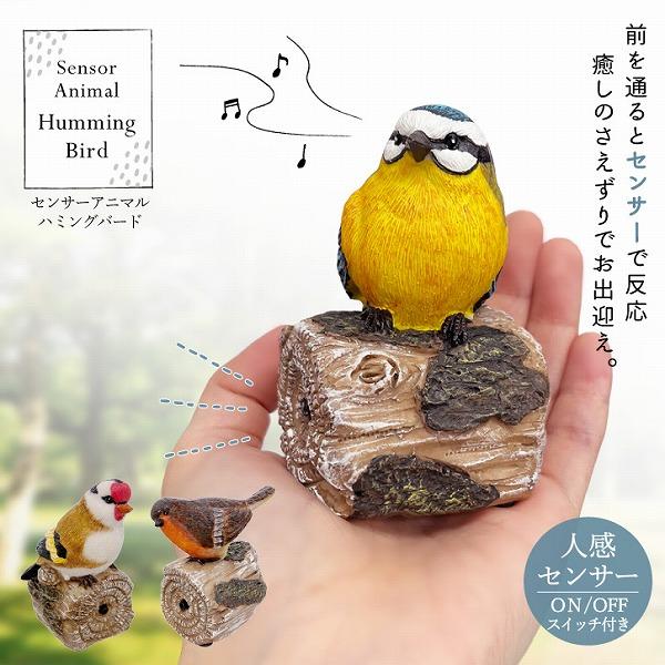 人感センサーで反応して鳴き声で迎えてくれる、レジン製のハミングバード。底面にスイッチがあるのでOFFにすればオブジェとしても飾れます。手乗りサイズでボタン電池式なので置き場所を選ばず、玄関や庭先に気軽に置けて、癒しと和みを与えてくれます。※...