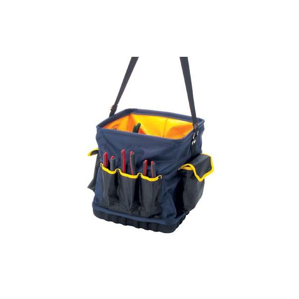 ●ショルダータイプ角形バケット●内側は強力な塩ビコーティング●ポリエステル生地表面蒸着●多彩なサック＆ポケット　外側：フタ付ポケット2個、ペンチサック3丁　内側：ツールサック、大型ポケット●サイズ：幅300×奥行300×高さ340mm●質量...