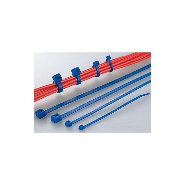 ●入数：100本/袋●色：青●全長：150mm●幅A：3.5mm●結束径（φmm）：最小3.0/最大36●ループ引張強度（最小値）N(kgf）：133.3(13.59)●使用温度範囲：-80℃〜+170℃●材質：ふっ素樹脂（ETFE）●耐熱...