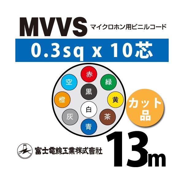 ●メーカー：富士電線工業●商品名：MVVS（マイクロホン用ビニルコード）●型番： MVVS-0.3-10C-13m●販売単位：1巻（カット品）●シース色：グレー（灰）●シース(外被)材料： PVC(塩ビ)●絶縁体材料：PVC(塩ビ)●導体断...