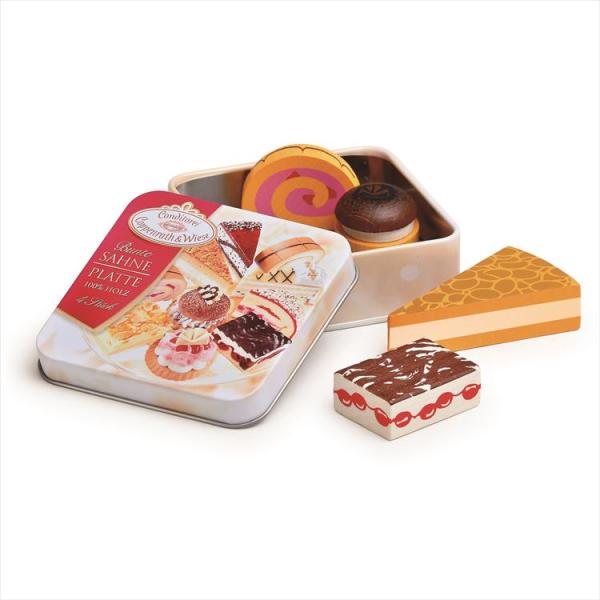 【商品サイズ】幅9cm 奥行9cm 高さ2.8cm【セット内容】ケーキ(三角・四角・丸大・丸小)×4、缶ケース×1【材質】天然木、スチール【対象年齢】3歳以上【商品名】ミニケーキアソート