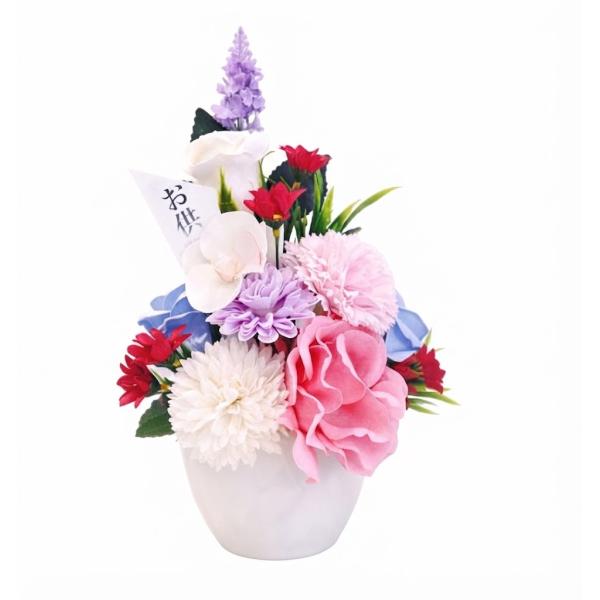 ずっと華やか、ふわっと香る。優しい桃色系の小さめソープフラワー仏花水やり不要で枯れない――優しい桃色系の色合いが、心をふんわり包み込む小サイズのソープフラワー仏花です。まるで本物のような質感と、ふわっと広がる石鹸の香りが、空間をやさしく彩り...