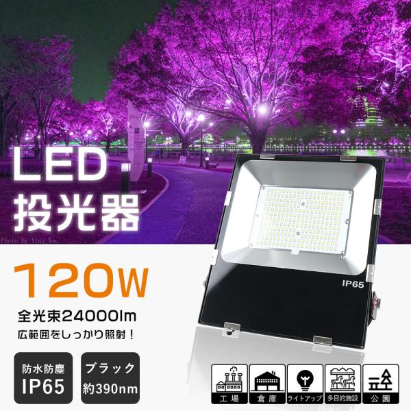 ■商品名：紫外線 LED投光器●消費電力：120W●全光束：24,000lm●重量：4.2kg●防塵・防水等級：IP65●製品サイズ：L345mm×W295mm×H60mm●設計寿命：約50,000時間●演色性：Ra85+●ビーム角度：12...