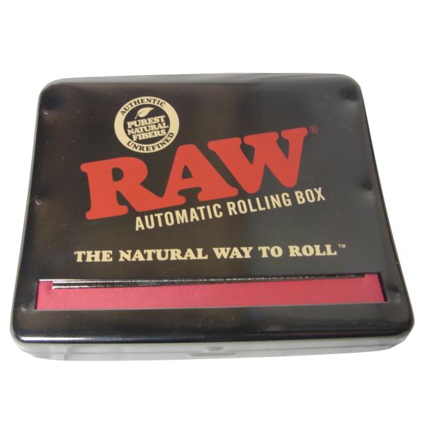 RAW　AUTOMATIC　ROLLING　BOX　110mm。キングサイズ（110mm）用。ふたを開けて巻紙、タバコ、クラッチ（フィルター）をセットしてのりをなめて閉める半自動ローリングマシン。中に収納できるので持ち運びなどにも便利です。...