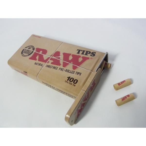 RAW/ロウ  PRE-ROLLED TIPS　RAWのロゴ入り無漂白チップ。　100個入。サイズ:直径約6mm　長さ約18mm