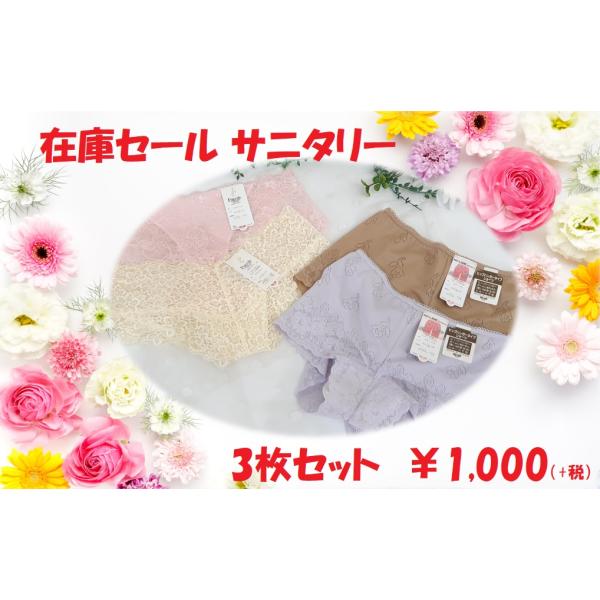 在庫一掃セール！可愛いサニタリーショーツが3枚1セットになっているお得なセット♪総額￥3,900円相当がなんと！￥1,000！【注意事項】・色やテイストなどのご要望にはお応えできません。・不良品以外の商品の返品や交換はお断りさせて頂きます。...