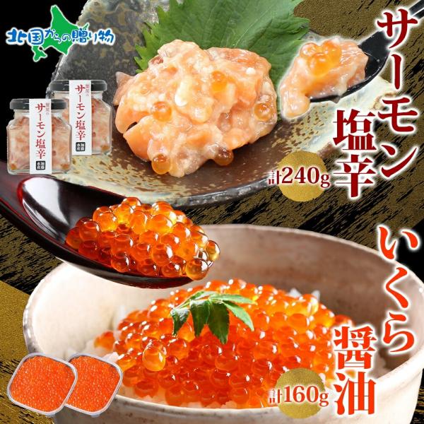 北海道の魅力が詰まった…！「サーモン塩辛といくら醤油」のセットです。■商品内容：サーモン塩辛 120g×2いくら醤油漬け 80g×2■加工地：北海道弟子屈町■お届け日：最短で13時までのご注文は当日発送となります。（土日祝日・年末年始を除く...