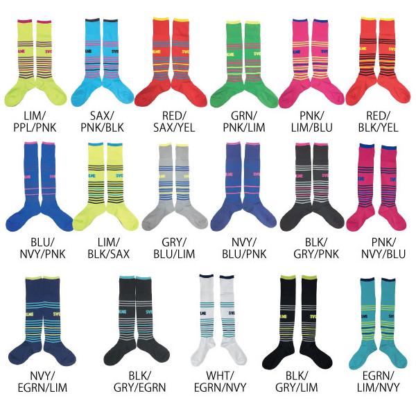 スボルメ別注オーダーカラーボーダーストッキング■素材：ポリエステル/綿/ナイロン■カラー：LIM/PPL/PNK、SAX/PNK/BLK、RED/SAX/YEL、GRN/PNK/LIM、PNK/LIM/BLU、RED/BLK/YEL、BLU...