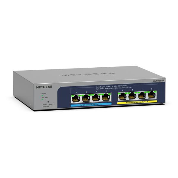 8ポートの1G/2.5Gマルチギガ、4つのUltra60 PoE++ポートと4つのPoE+ポートを搭載し、WiFi 6対応APや監視カメラなどに最適なスイッチです。爆買