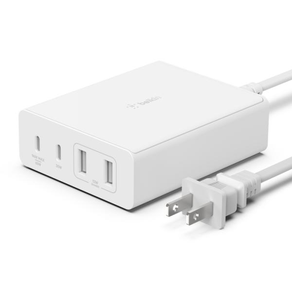 卓上型のパワフルなノートPC充電器BELKIN USB-C+A 4ポート 108W GaN急速充電器108W 4ポートGaN充電器を使用すると、MacBook Proのフルスピード充電や、iPhoneとiPadの急速充電を行いながらその他の...
