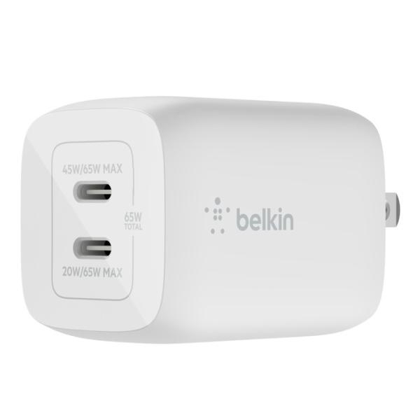 2口のコンパクトパワーBELKIN WCH013DQWH USB-C 2ポートPD65W 小型GaN急速充電器折畳式プラグ強力で超コンパクトな65WデュアルUSB-Cウォールチャージャーを使用すると、iPhone13を高速充電しながらMac...