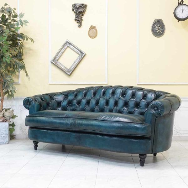 3人掛け ソファ 三人用 ソファー チェスターフィールド アンティーク ヴィンテージ レトロ ホテル レストラン ブルーレザー nm3l9k品番nm3l9kサイズW 178cm x D 85cm x H 72（座まで47）cm シートサイズ...