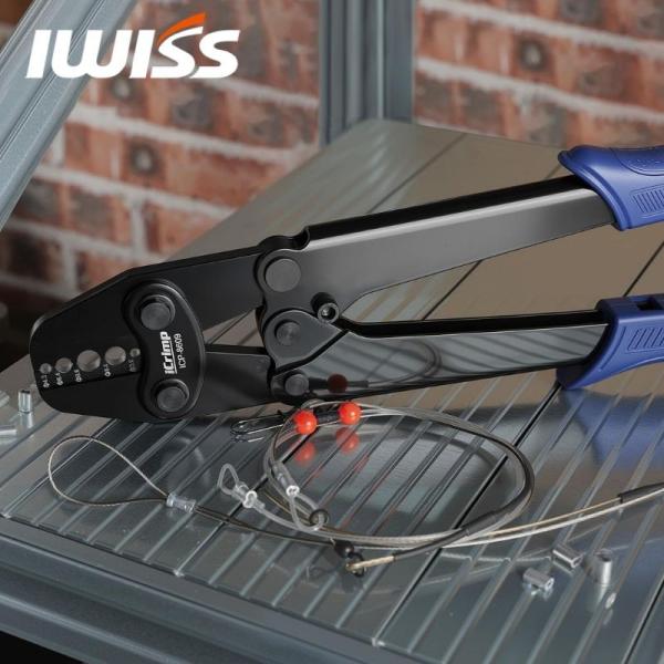 ブランド IWISS アイウィス型番 ICP-8609圧着能力 ワイヤー径： φ1.58〜2.0mm、φ2.5〜2.8mm、φ3.5mm、φ4mm、φ5mm全長 385mm重量 1.1kg仕様 トグル機構特徴 EDMカットダイス。左右の圧着...