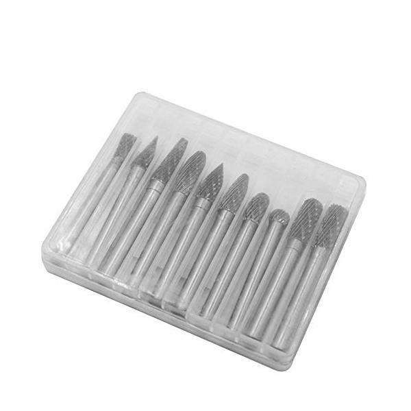 セット内容：10本組ロータリーバー タイプ：ダブルカット 軸径mm：6mm 刃径mm：6mm 色： シルバー・10種類ヘッド形状：円筒型、先丸円筒型、球型、タマゴ型、砲弾型、ポイント型、楕円型、ツクシ型、テーパー型、逆円錐型、があり、用途に...