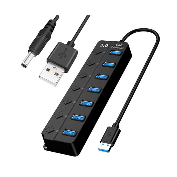 ブラック/-/TRkin・USB-7ポート：直ちにパソコンまたはノートパソコン上の1つのUSBポートを7つに拡張し、キーボード、マウス、プリンタ、フラッシュドライブ、その他の周辺機器など多くの機器に適用する。（DC 3.5*1.35丸穴デー...