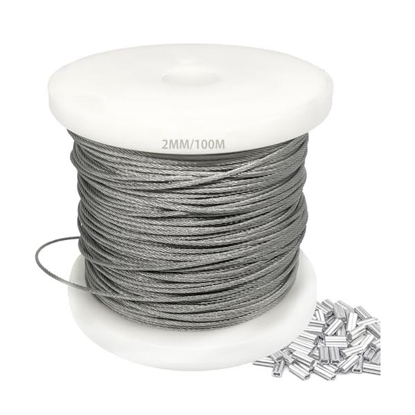 -/-/2mm x100m・Shape:2mm x 100m・製品仕様製品名：ワイヤーロープ 直径2ミリメートル、8ワードアルミスリーブ100個と100メートルの長さ。 ワイヤー ステンレス 7×7構造により、直線・曲線の両方に適用可能で、...