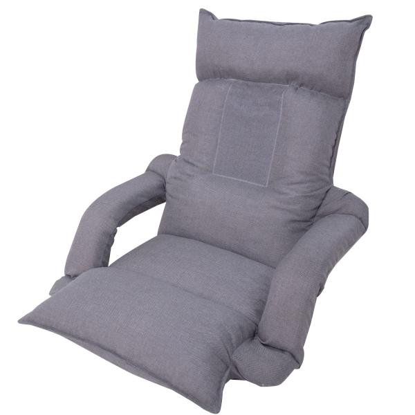 フロアチェア・ライトグレー  ・・Color:ライトグレー・肘掛けがリクライニングに連動どの角度でも腕が楽座椅子リクライニングの角度に合わせて肘置きの角度も一緒に移動していく連動式になっていますので、具合のよい位置に肘が収まり、疲れにくくリ...