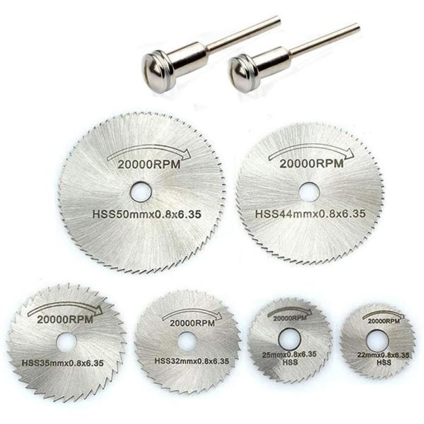 チップソー・シルバー  ・セット内容:丸鋸刃*6枚+3.2mmャフト*1本+6mmャフト*1本。丸鋸刃：直径 22mm 25mm 32mm 35mm 44mm 50mm。シャフト：長さ 50mm 先端直径 12mm 延長部分直径 3.2mm...