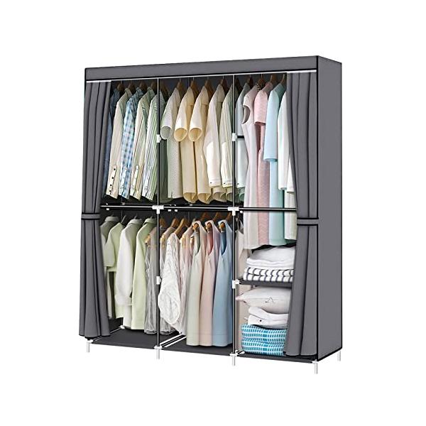 組み立て式・グレー  ・・Color:グレー・大容量ワードローブクローゼット：サイズ-幅125×奥行44×高さ165cm。上下二階の構造に分かれています。上の方には3つ可動式のハンギングロッドがあります。もっと長い服を保管できます。下の階は...