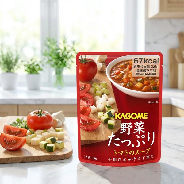 「野菜たっぷり、心も体も満たすスープ。」カゴメ野菜たっぷり トマトのスープ 160g×3袋＜おすすめポイント＞1.手軽に栄養補給できるスープです。2.忙しい日でもおしゃれな食事に。3.常温保存でいつでも温められます。カゴメ野菜たっぷり トマ...
