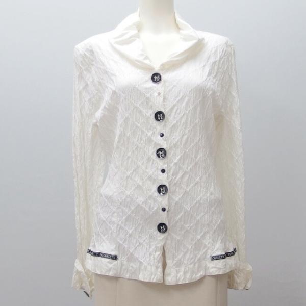 ブランド：ELISA CAVALETTI　エリーザ・カヴァレッティ商品名：ジャケット　アウター　トップス　長袖　シワ加工　前開き　ボタン開閉　コットン　綿　ポリウレタン　ホワイト(白)　襟付き　XLサイズ　レディース　ボタン欠損(代替え品)...