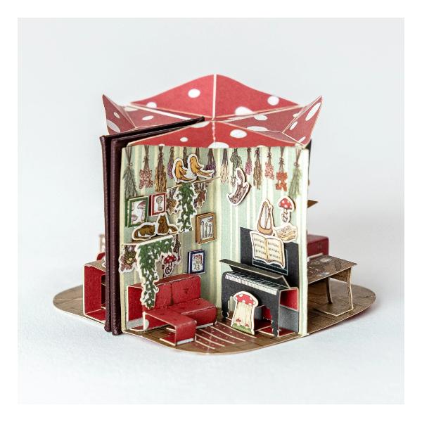 ●豆本ドールハウス きのこのおうちは、360度くるっと開くと小さなドールハウスになる手のひらサイズの絵本を作ることが出来るペーパークラフト 紙工作セットです。屋根がきのこのかさになったお家の ミニチュアポップアップブックです。キットは、カッ...