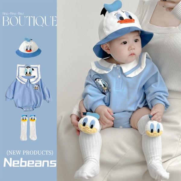 キャラクターベビー服 セットロンパース 可愛いドナルドダック風 帽子 靴下 長袖 新生児 セーラー襟 赤ちゃん服  男の子 女の子 可愛い 出産祝い  66 73 80 90【超可愛いドナルドダック風 ベビーロンパースセット】赤ちゃんがまる...